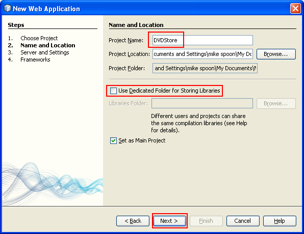 Providing the Java web application project name and location
