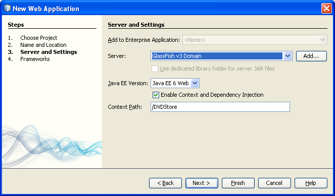Selecting GlassFish web server for Java web application project in NetBeans