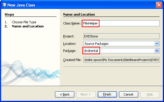 Setting new Java class name and location